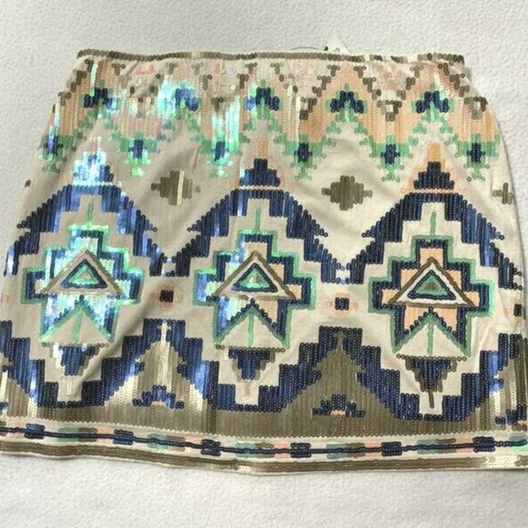 Express | Skirts | Nwt Express Xs Cream Sequin Stretch Mini Skirt Southwestern Aztec Shimmer ...